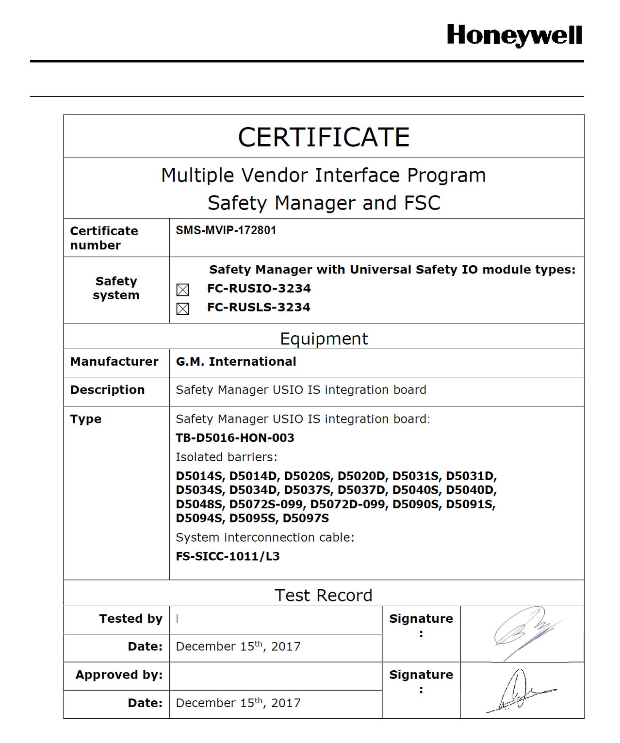 Honeywell has certified functional compatibility of GMI products
